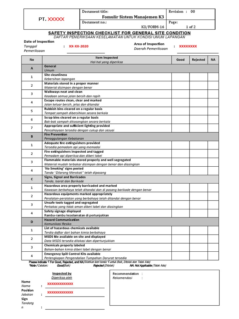 Checklist Inspeksi K3 Lapangan | PDF