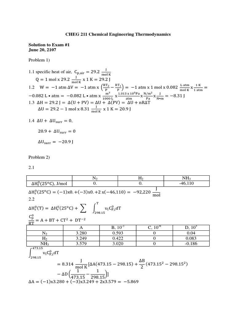 Solution To Exam #1 For Chemical Engineering Thermodynamics | PDF ...
