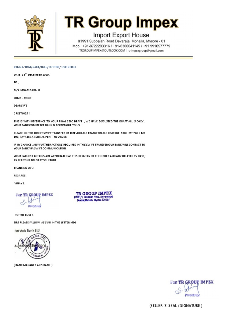 Trgi - Gael - SBLC Axis Bank TR Group Impex Letter | PDF