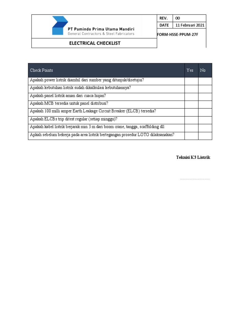 FORM-HSSE-PPUM-027F Checklist Panel Form 1 | PDF
