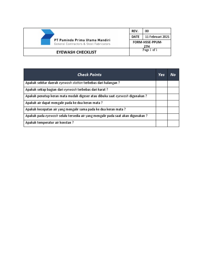 FORM-HSSE-PPUM-027H Checklist Eyewash Form | PDF