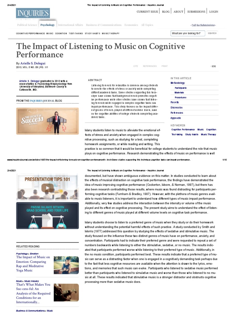 The Impact of Listening To Music On Cognitive Performance - Inquiries ...