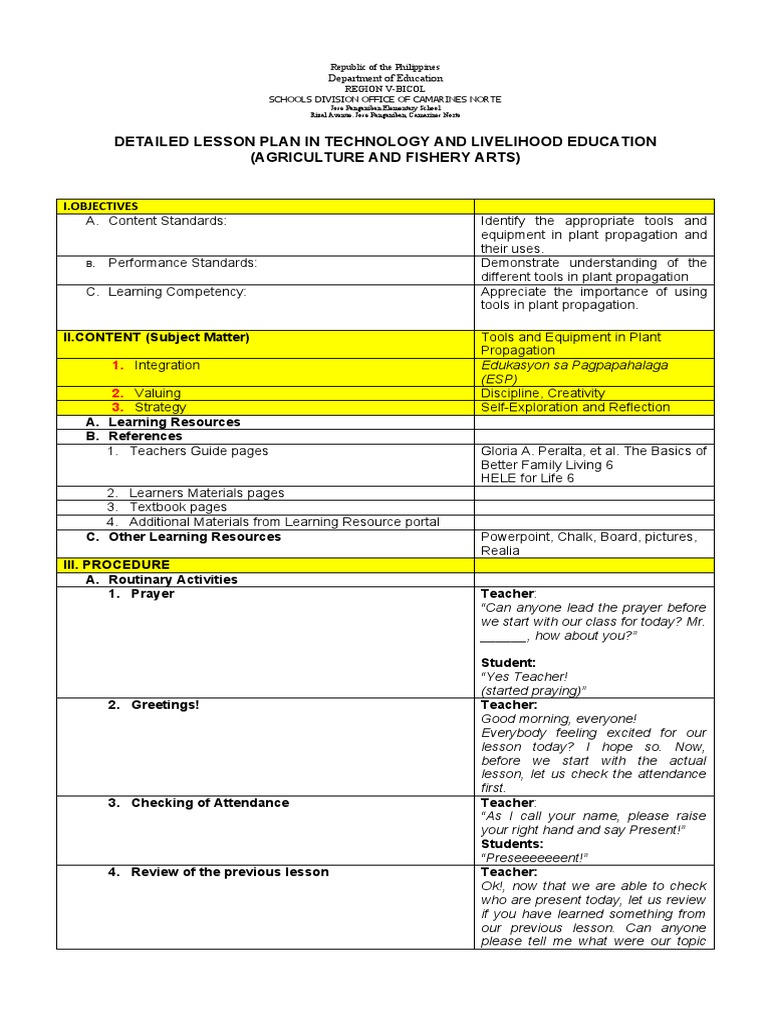 Detailed Lesson Plan in Technology and Livelihood Education | PDF ...