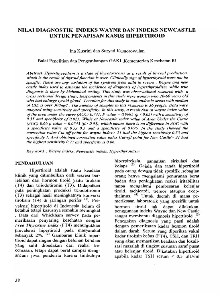 ID Nilai Diagnostik Indeks Wayne Dan Indeks Newcastle Untuk Penapisan ...