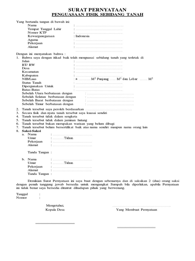 Contoh Surat Penguasaan Fisik Bidang Tanah | PDF