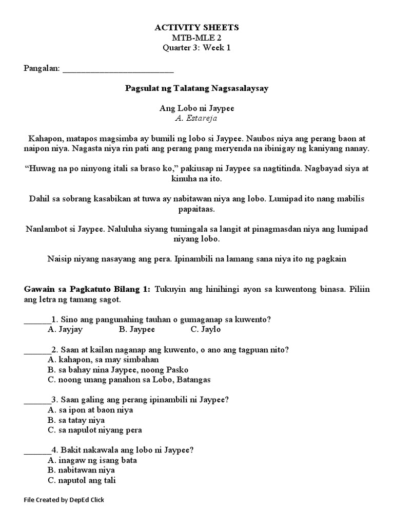 MTB-MLE 2 Activity Sheet Q2 W3 | PDF