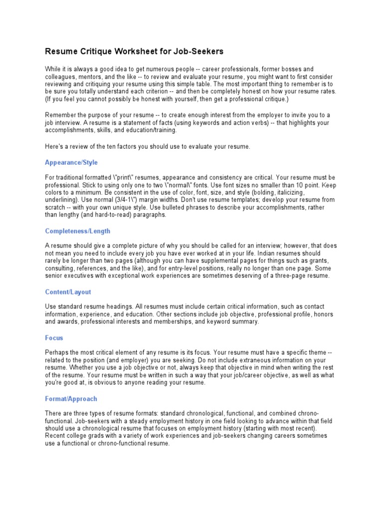 Resume Evaluation Worksheet for Job Seekers | PDF | Résumé | World Wide Web