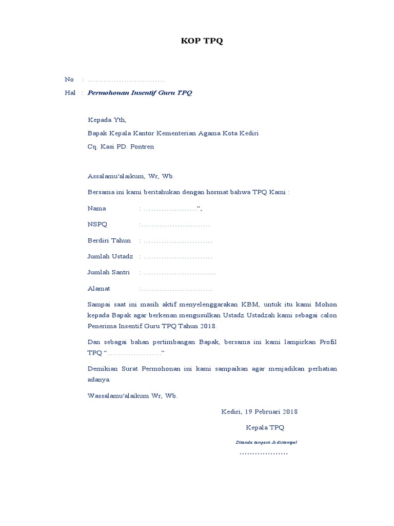 Contoh Proposal Permohonan Insentif TPQ 2018 | PDF