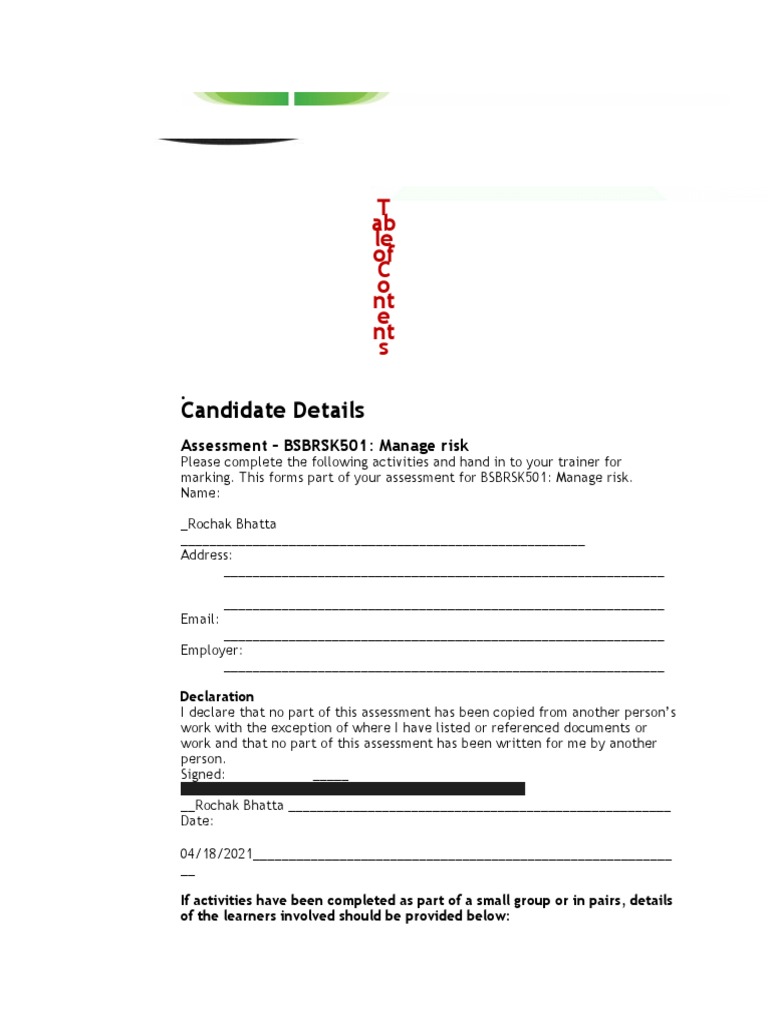 Managing Risk Workbook | PDF | Risk Management | Risk