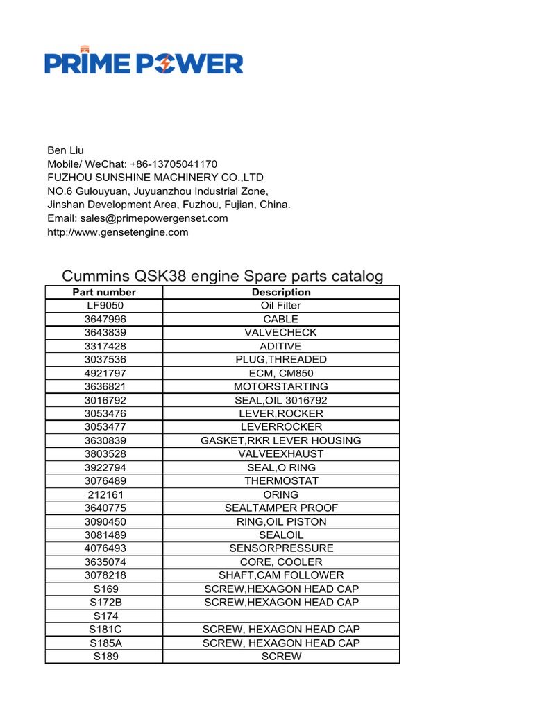 Cummins QSK38 Engine Spare Parts Catalog | PDF | Pump | Screw