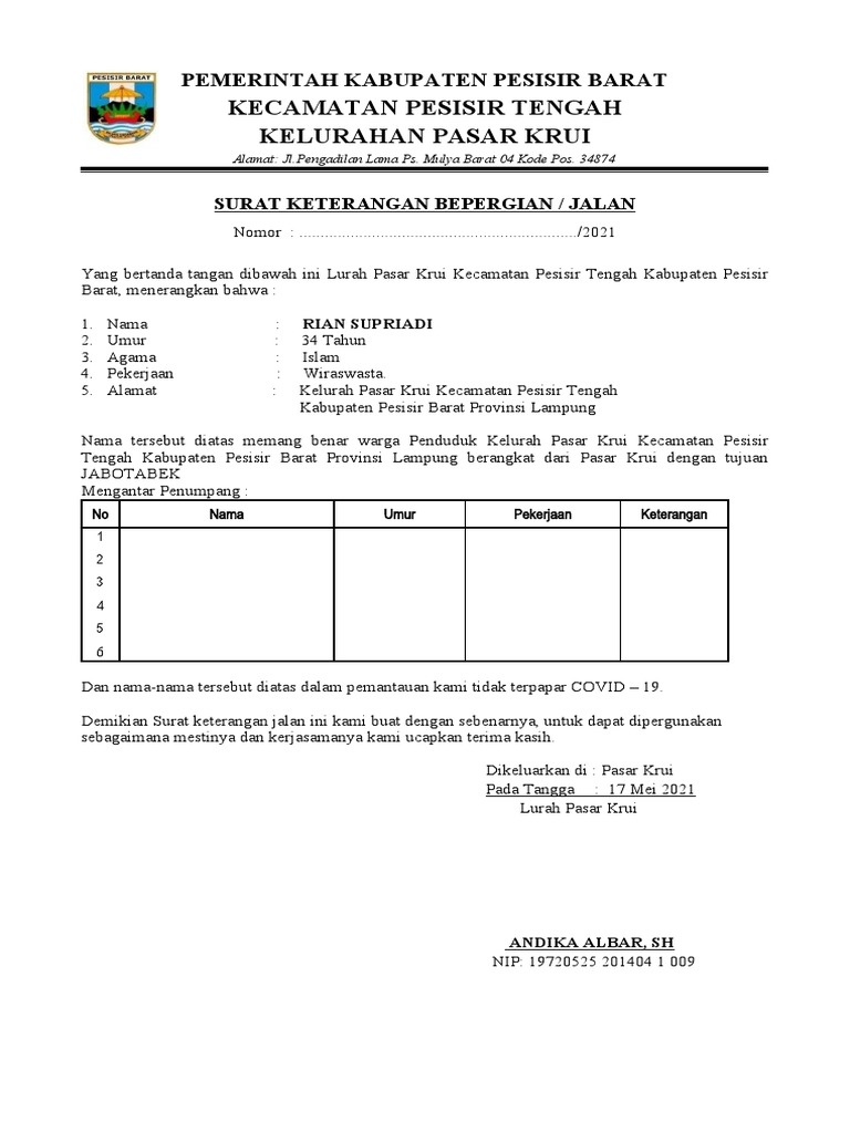 Surat Keterangan Bepergian | PDF