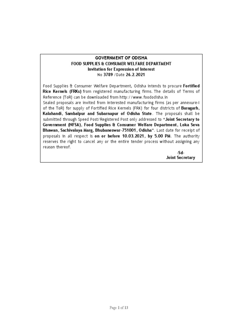 Odisha Tender For Fortified Rice | Download Free PDF | Hazard Analysis ...