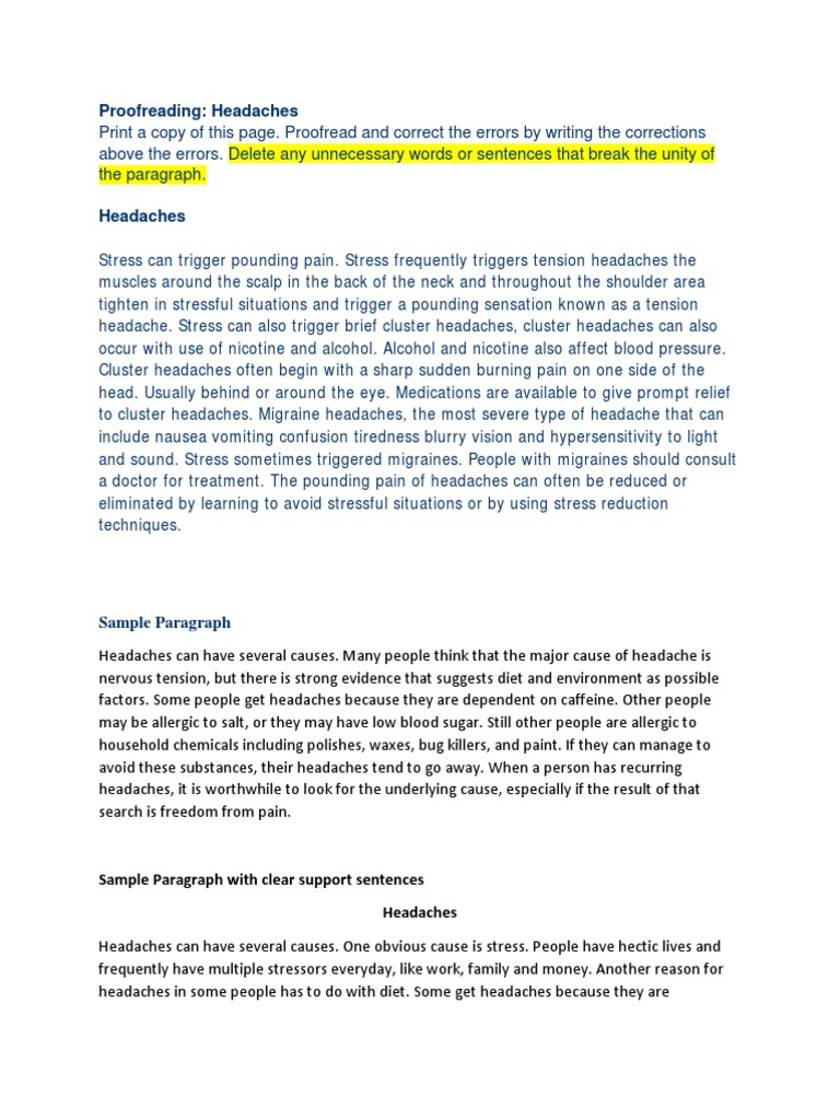 Proofreading: Headaches: Sample Paragraph With Clear Support Sentences ...