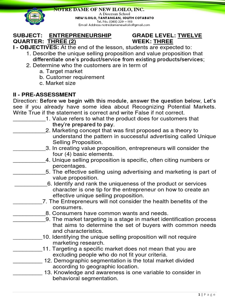 Entrepreneurship G12 Module March | PDF | Market Segmentation | Focus Group