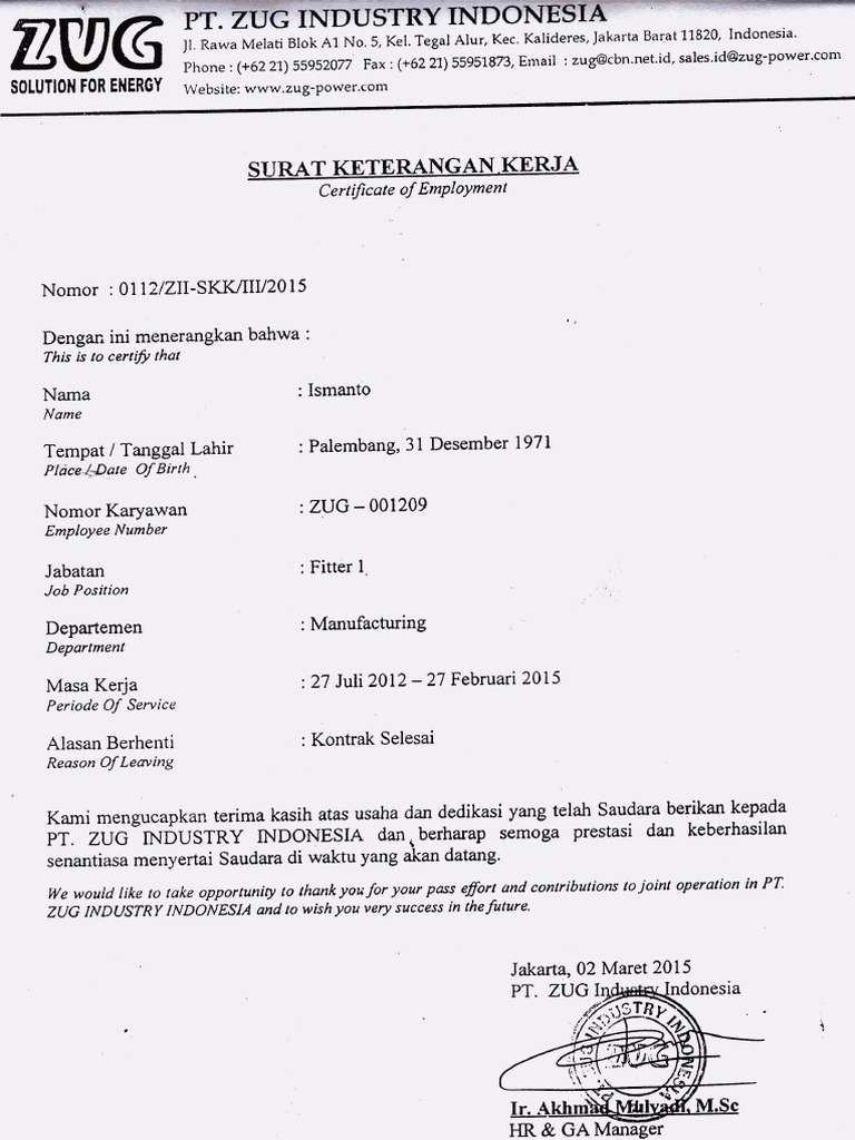 Surat Keterangan Kerja Ismanto | PDF