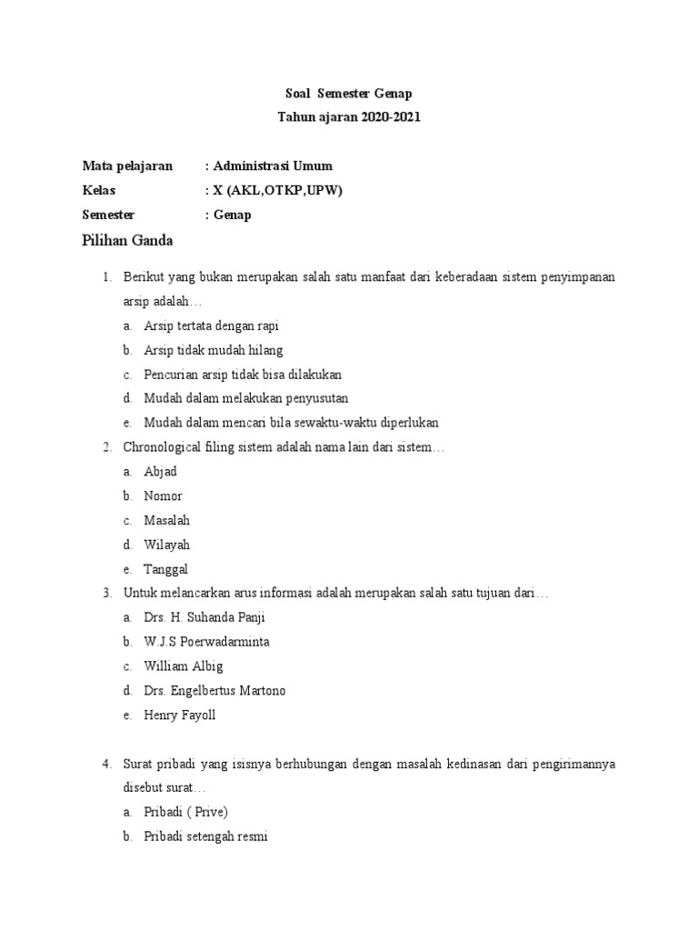 Soal Ujian Administrasi Umum Kelas X | PDF