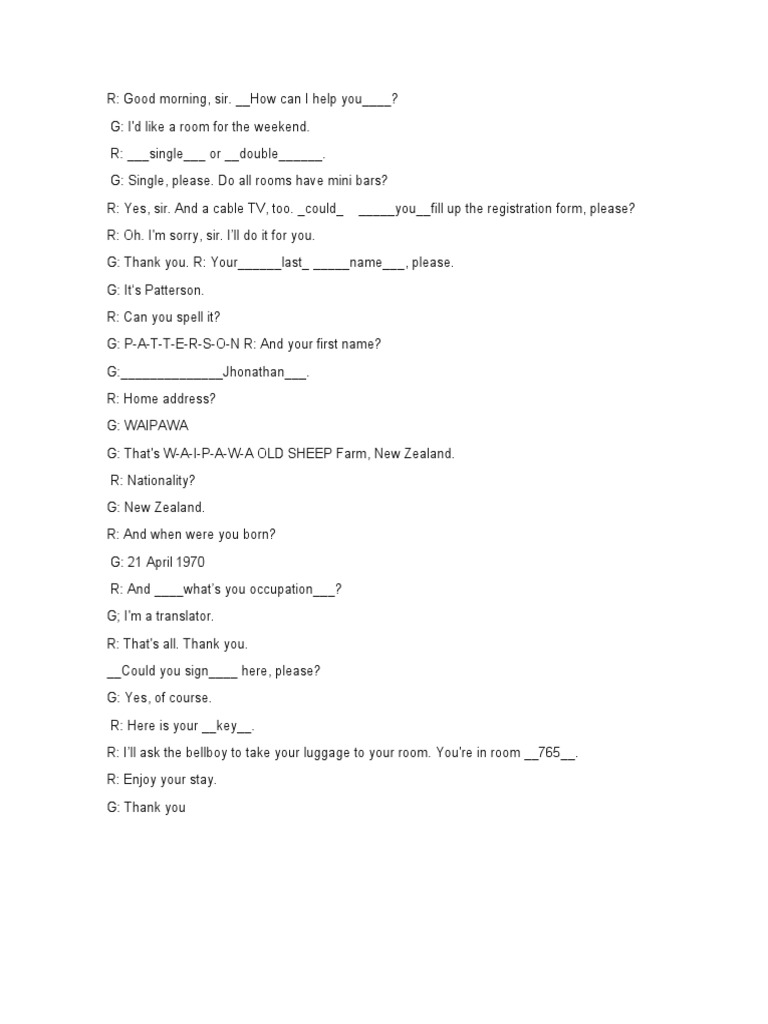Hotel Check-In Conversation Example | PDF | Language Arts & Discipline ...