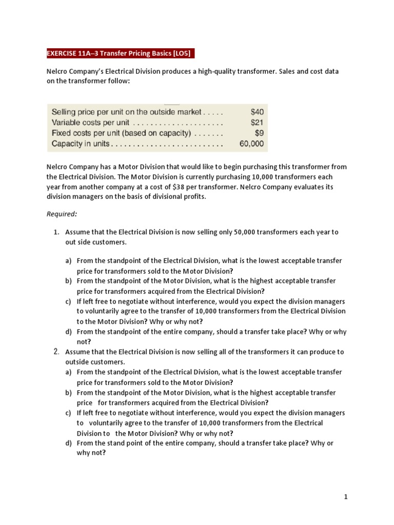 EXERCISE 11A-3 Transfer Pricing Basics (LO5) : Required | PDF | Dvd ...