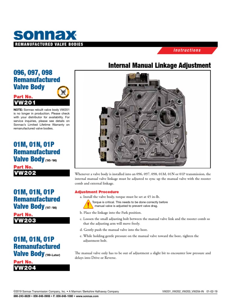 096, 097, 098 Remanufactured Valve Body: Internal Manual Linkage ...