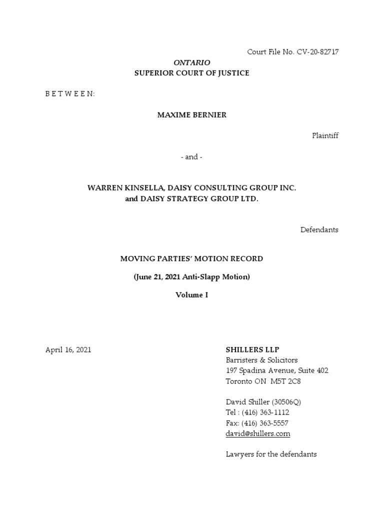 21.04.16 Moving Party Motion Record Vol I - Notice of Motion To Exhibit ...