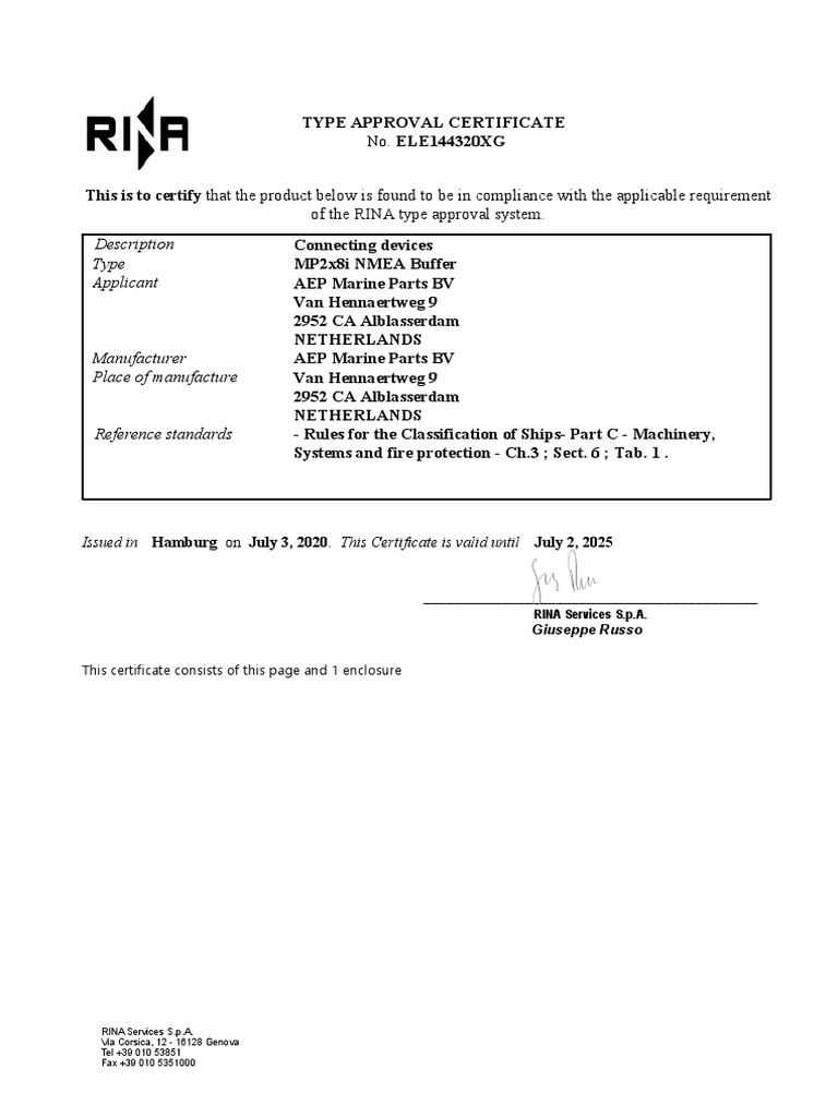 MP2x8i RINA Type Approval Certificate | PDF | Electromagnetic ...