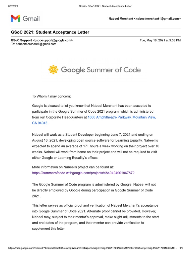 Google Acceptance Letter | PDF