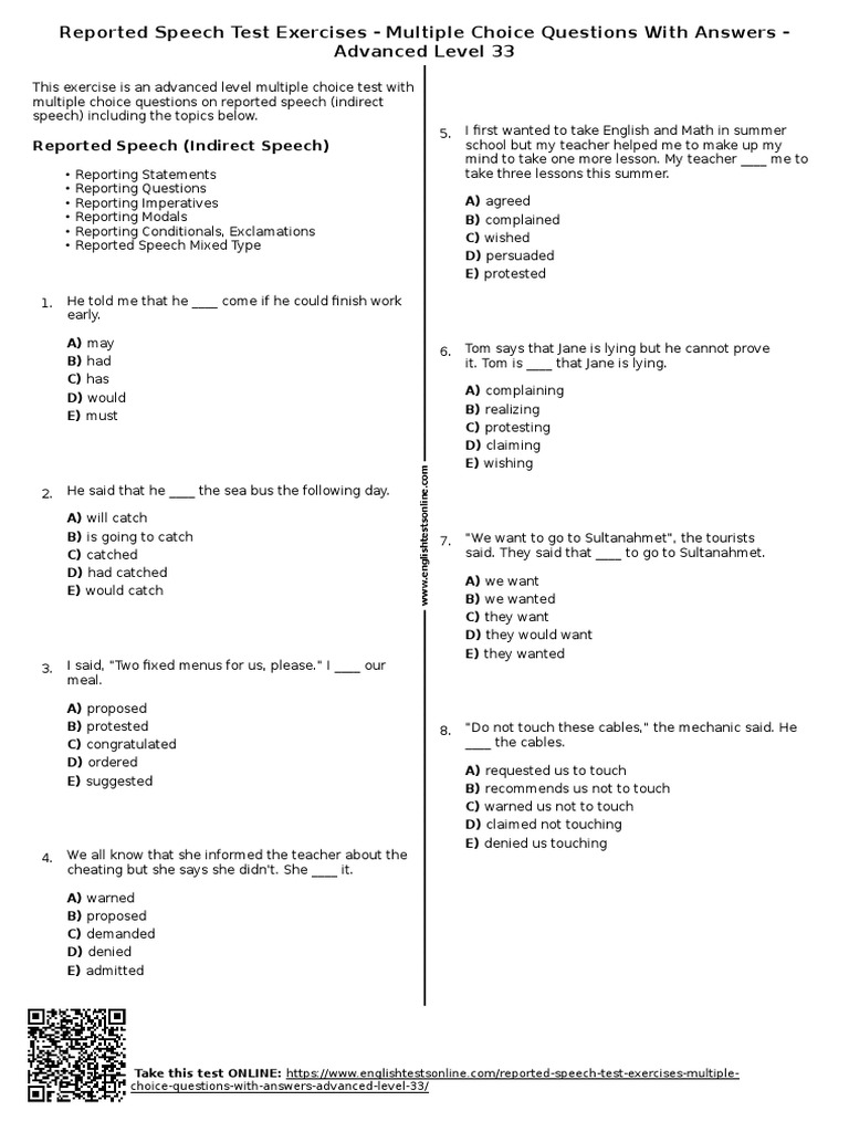 Advanced Reported Speech Quiz | PDF | Multiple Choice