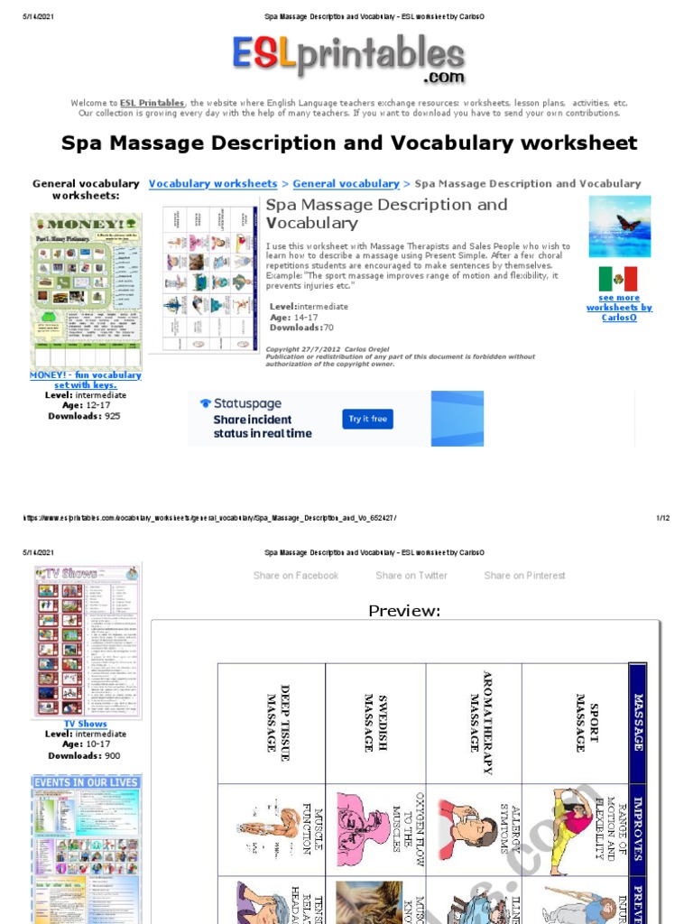 Spa Massage Description and Vocabulary - ESL Worksheet by CarlosO | PDF ...