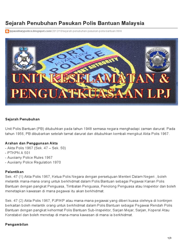 Sejarah Penubuhan Pasukan Polis Bantuan Malaysia | PDF