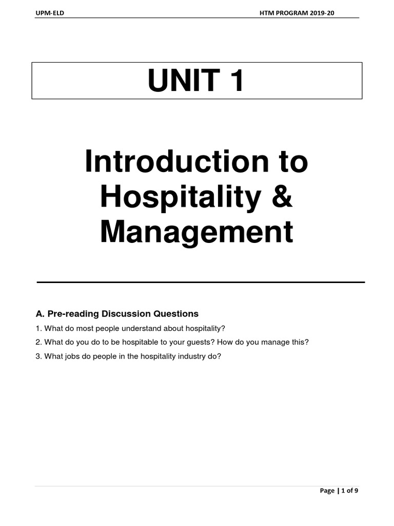 Unit 1 Introduction To Hospitality & Management: A. Pre-Reading ...