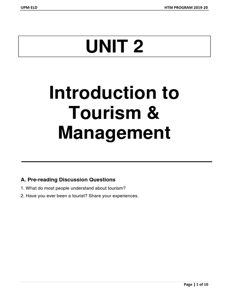 Unit 2 Introduction To Tourism & Management: A. Pre-Reading Discussion ...
