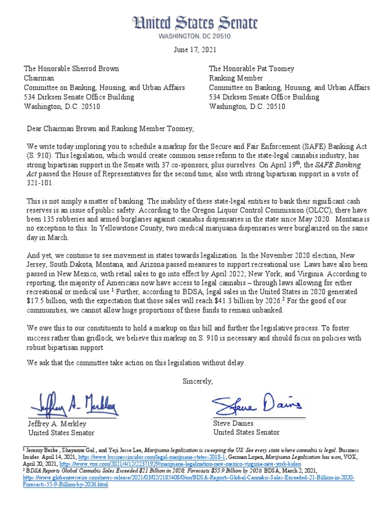 SAFE Banking Markup Letter | PDF | Cannabis (Drug) | Cannabis