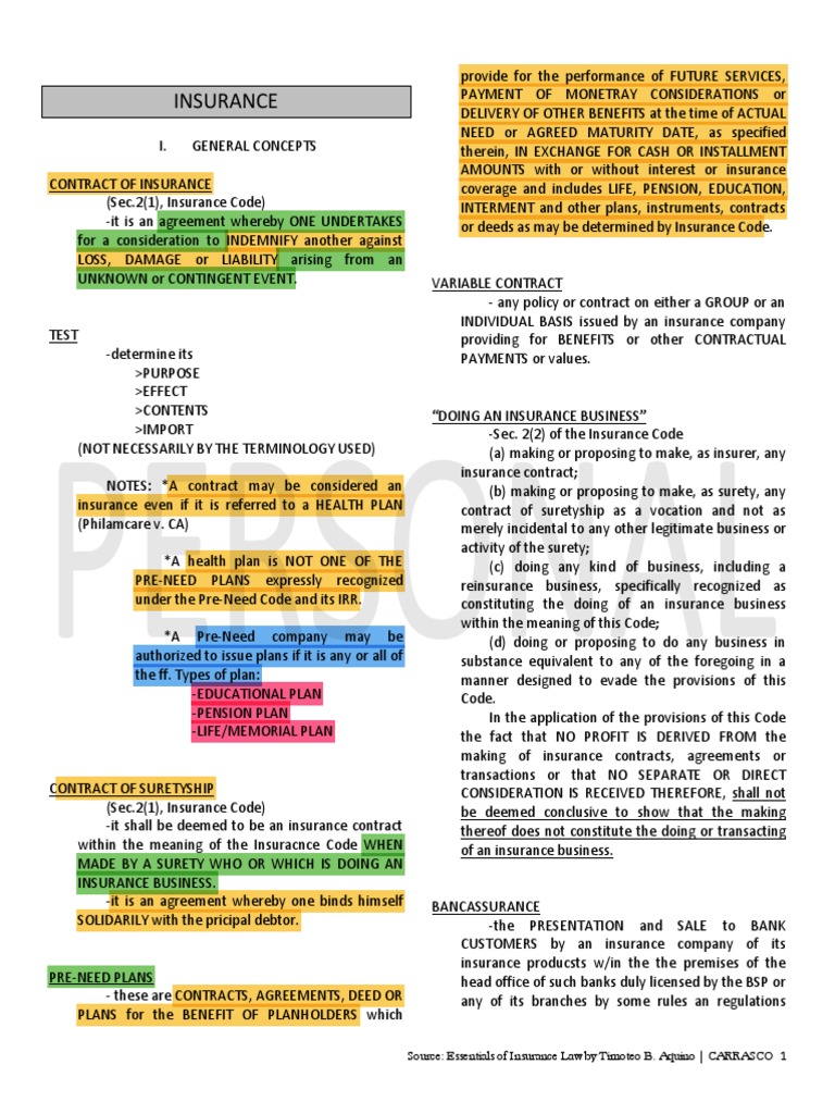 Aquino Insurance Reviewer Until Ch. X Carrasco | PDF | Insurance | Life ...
