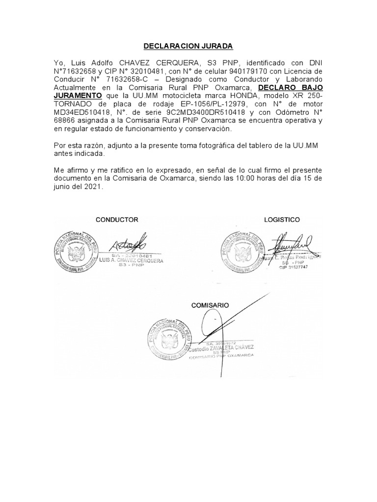 Declaracion Jurada Simple 15jun2021 | PDF