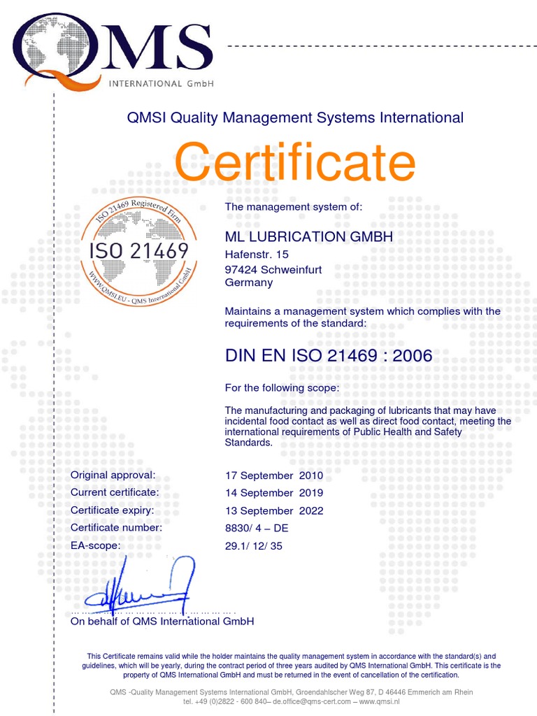 ISO 21469 - M L LUBRICATION GMBH - Exp 2022 | PDF | Business | Finance ...