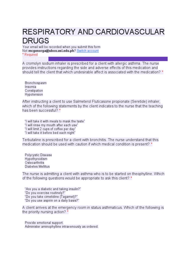 Respiratory and Cardiovascular Drugs Questions | PDF | Asthma ...