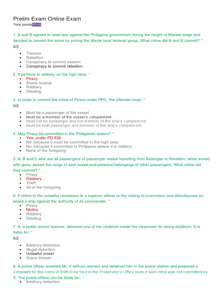 Prelim Exam Online Exam | PDF | Detention (Imprisonment) | Arrest