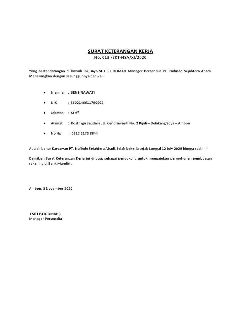 Surat Keterangan Kerja: No. 013 /SKT-NSA/XI/2020 | PDF