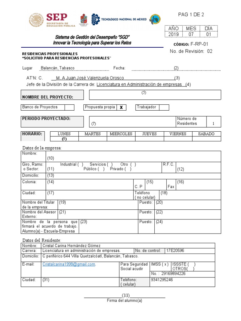 F-RP-01 Solicitud de Residencia Profesional | PDF