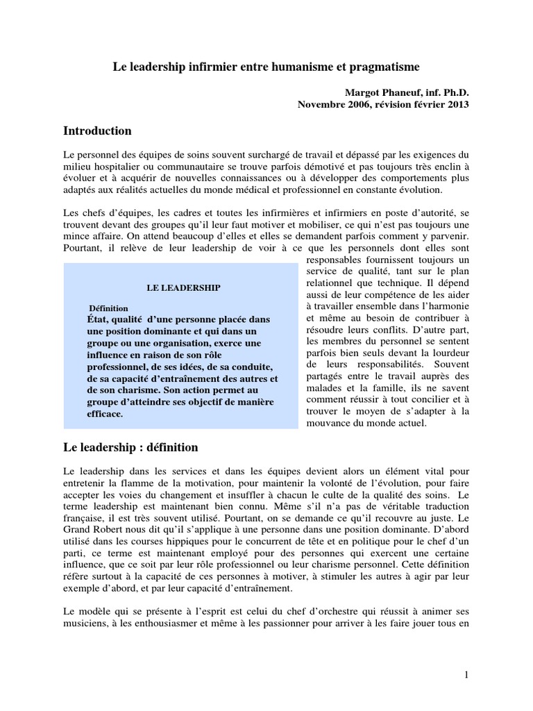 Le Leadership Infirmier Entre Humanisme Et Pragmatisme | PDF | Méthode ...
