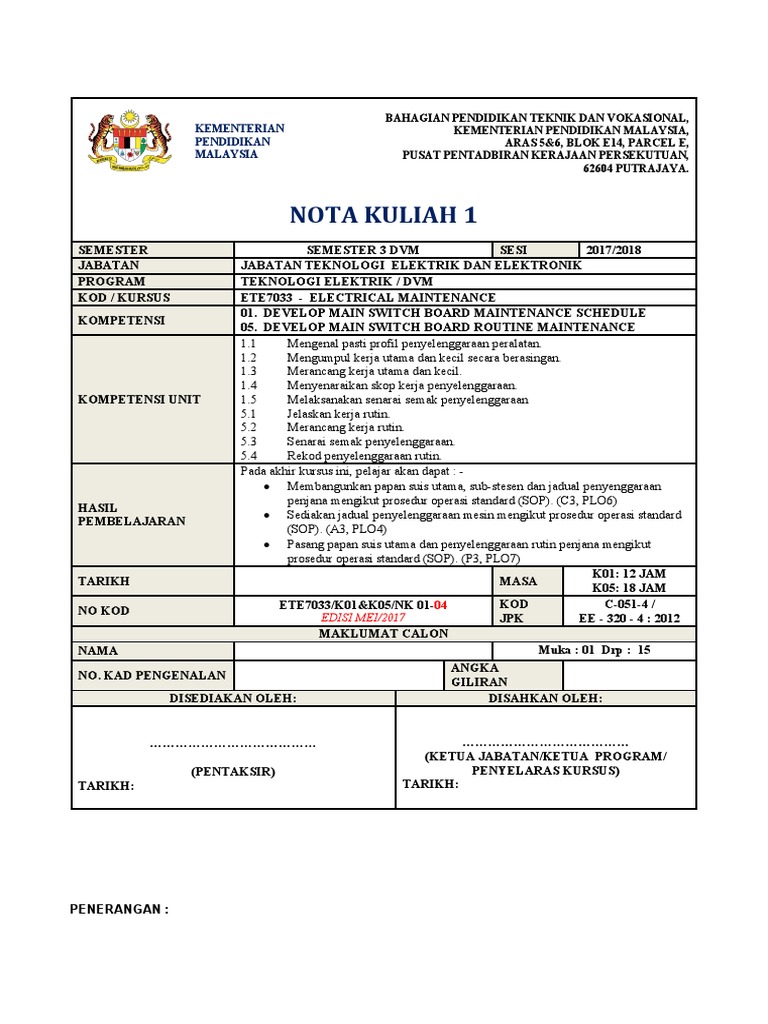 10.1-1 Nota Kuliah 1 Ete 7033 k1 & k5 Develop Switch Board Maintenance ...