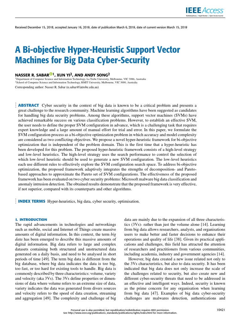 2019 A Bi Objective Hyper Heuristic Support Vector Machines For Big Data Cyber Security Pdf