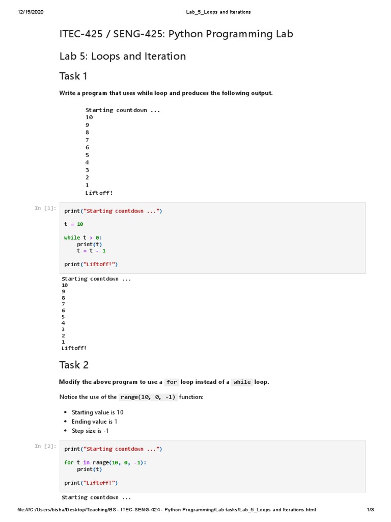 ITEC-425 / SENG-425: Python Programming Lab Lab 5: Loops and Iteration Task 1 | PDF | Control ...