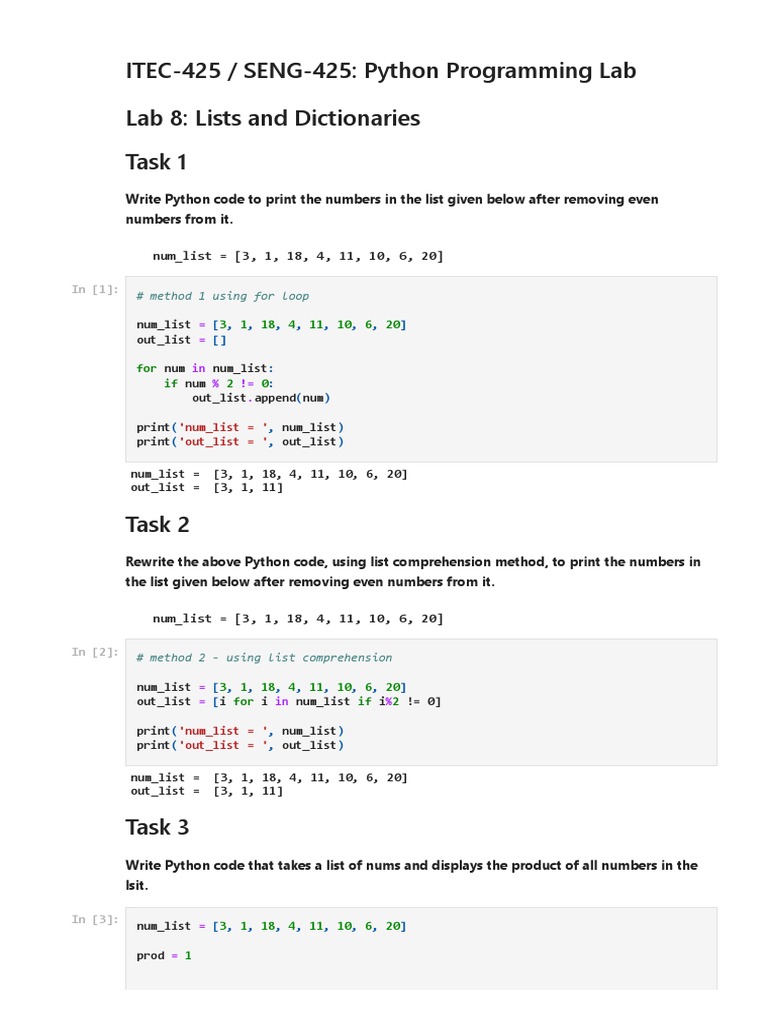 ITEC-425 / SENG-425: Python Programming Lab Lab 8: Lists and Dictionaries Task 1 | PDF | String ...