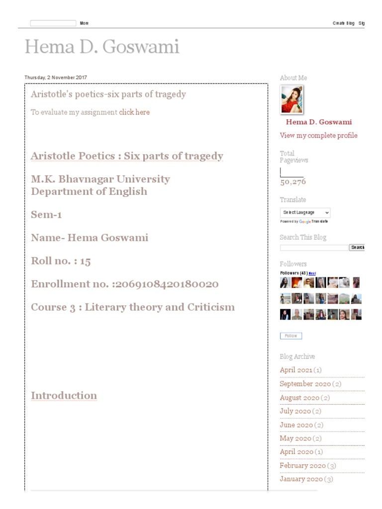 Aristotle's Poetics-Six Parts of Tragedy | PDF | Plot (Narrative) | Tragedy