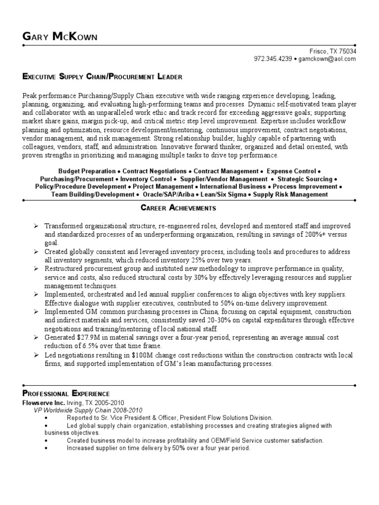 Vice President Procurement Supply Chain in Dallas TX Resume Gary McKown ...