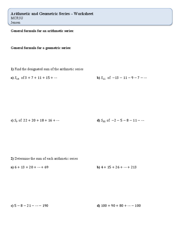 Arithmetic and Geometric Series Worksheet 1 | PDF