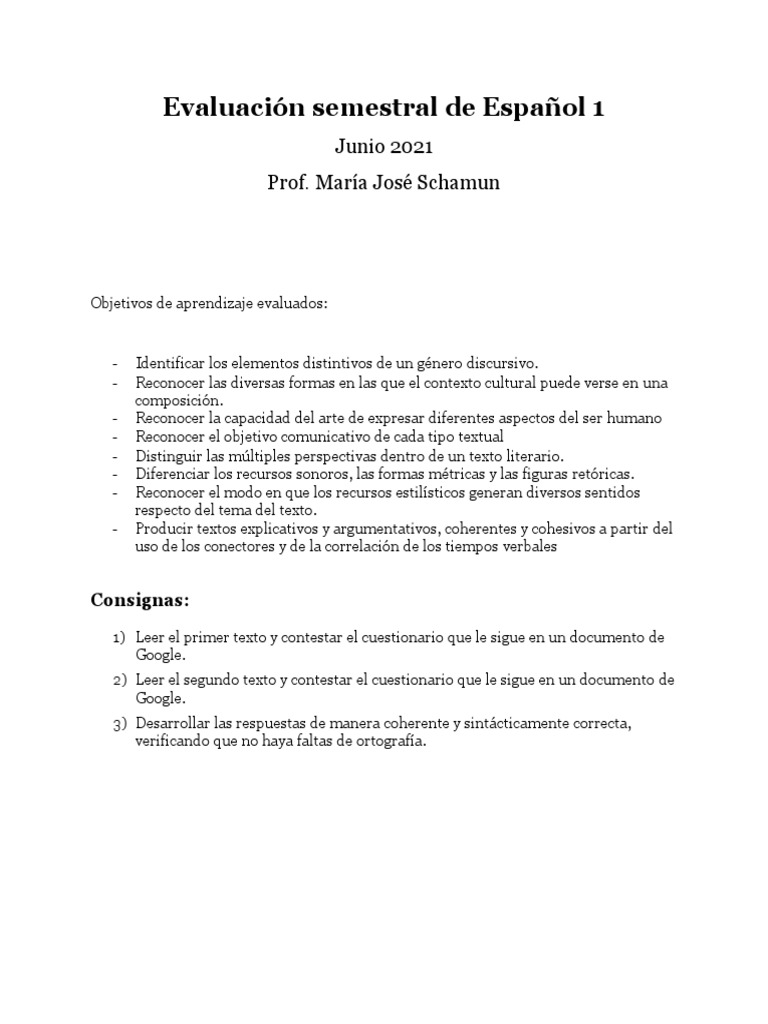 Examen Semestral de Español 1 - Tema A | PDF | Oración (Lingüística ...