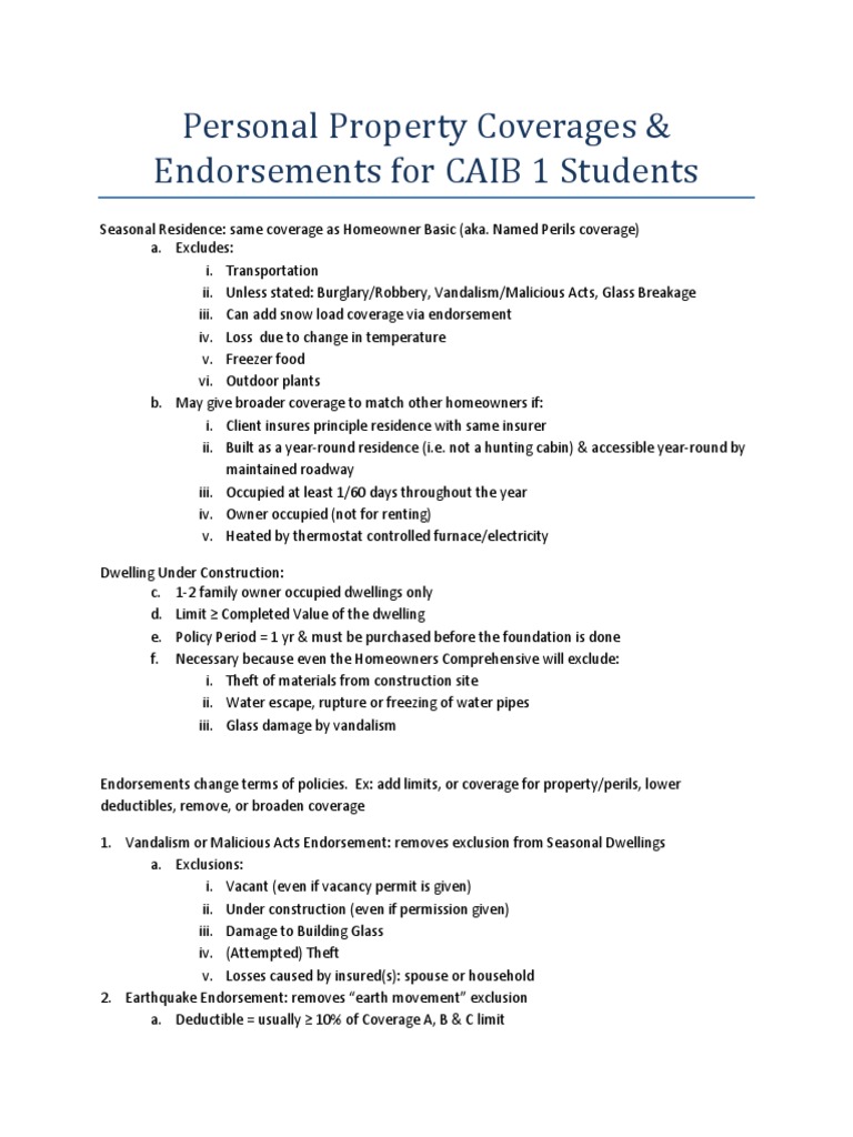 Personal Property Coverages & Endorsements For CAIB 1 Students | PDF ...