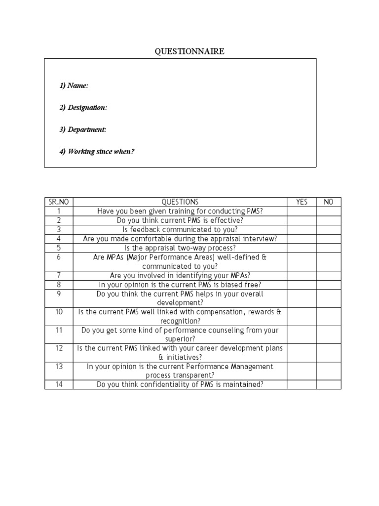 Questionnaire: 1) Name: 2) Designation: 3) Department: 4) Working Since ...